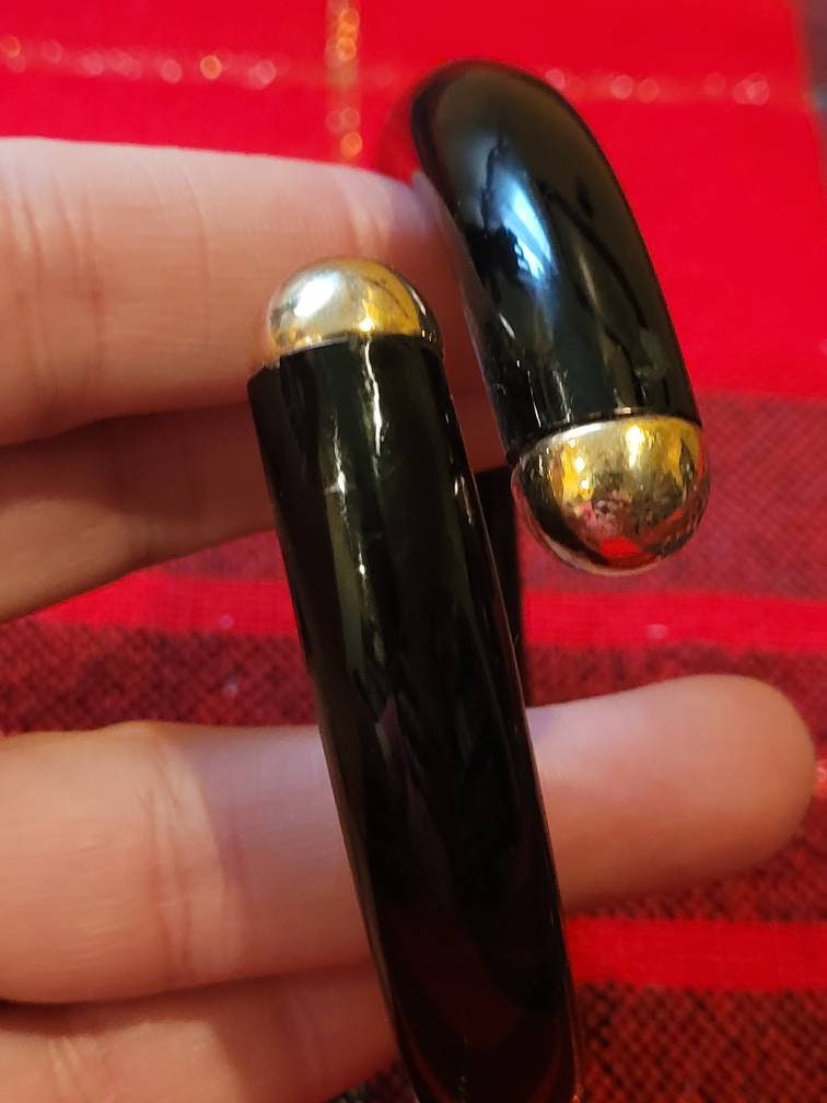 Vintage Thick Chunky Hollow Tube Black Enamel Bangle Bracelet With Gold ...