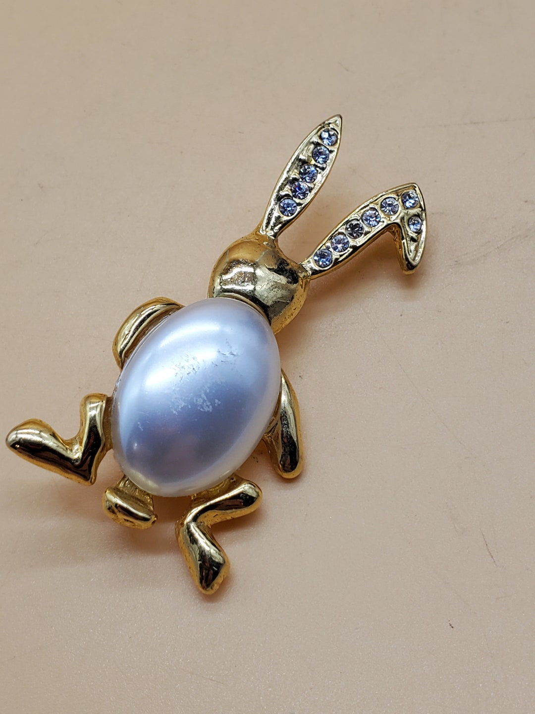 Vintage Gold Tone Bunny Brooch With Large Faux Pearl Belly and Clear ...