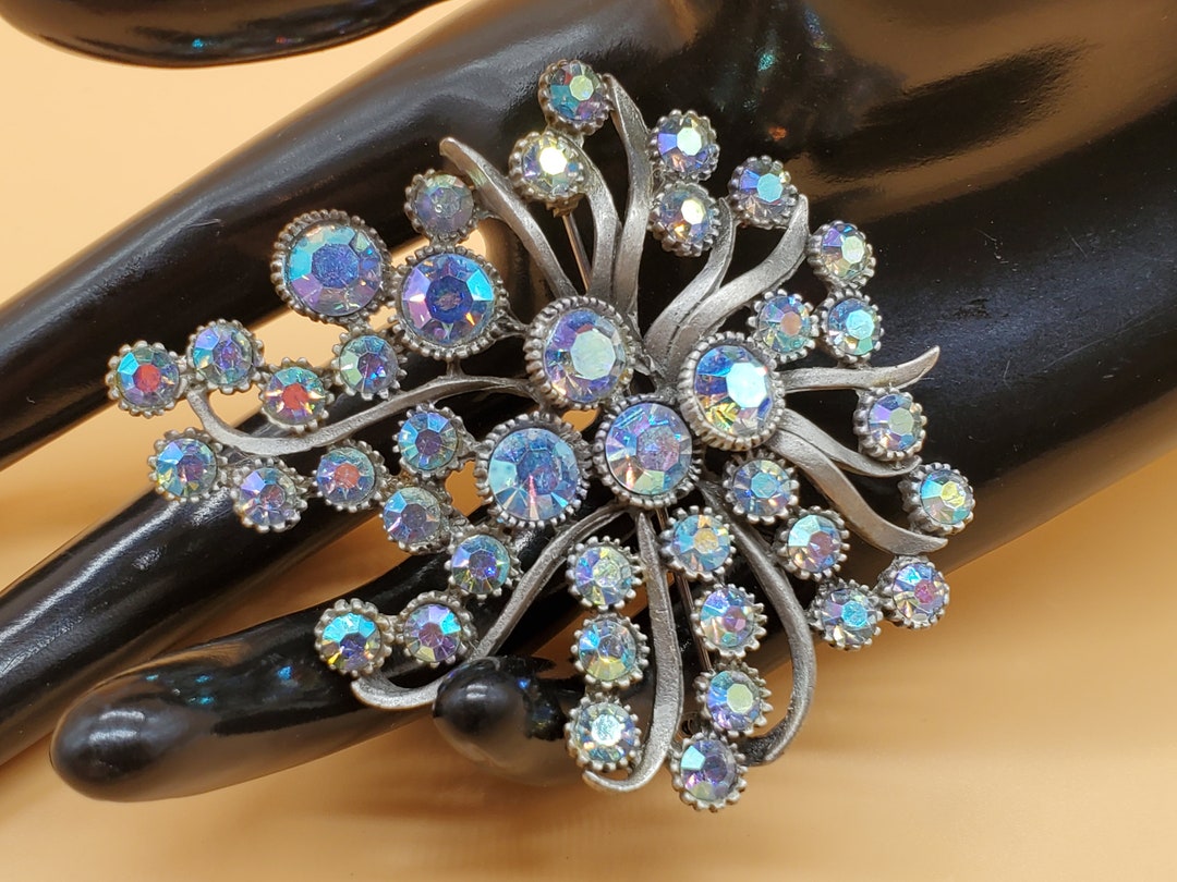 Vintage BSK Large AB Rhinestone Swirl Brooch - Etsy