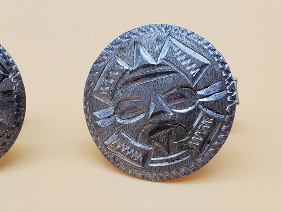 Vintage Mexico 925 etched Tribal sun face cufflinks - Gem