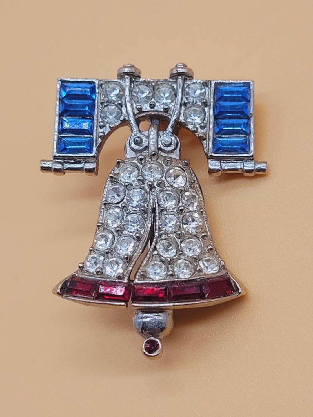 Vintage Rafaelian Red White and Blue Rhinestone Liberty Bell Pin Brooch ...
