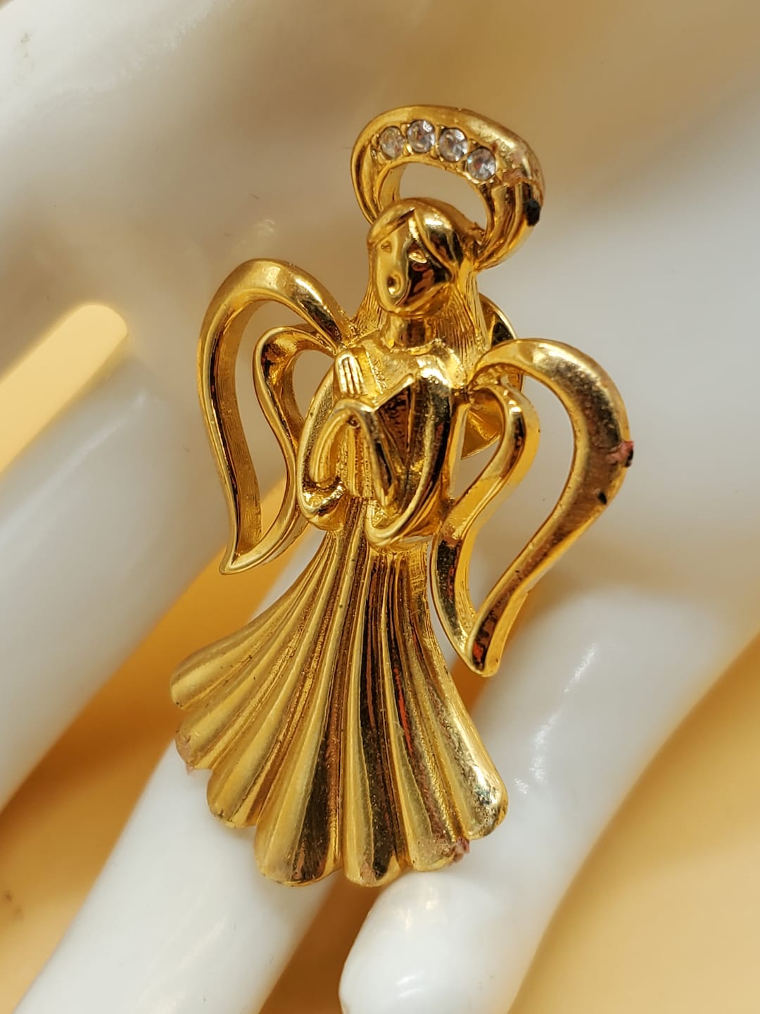 Vintage Gold Tone Praying Guardian Angel Pin With Clear Rhinestone Halo ...