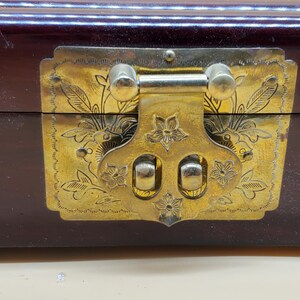 Vintage Asian Style Wooden Jewelry Box With Carved Top Symbol and Brass ...