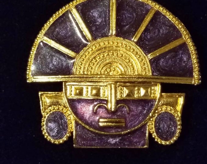 Vintage Aztec Mayan God Brooch, Purple Enamel Painted Aztec Mayan ...