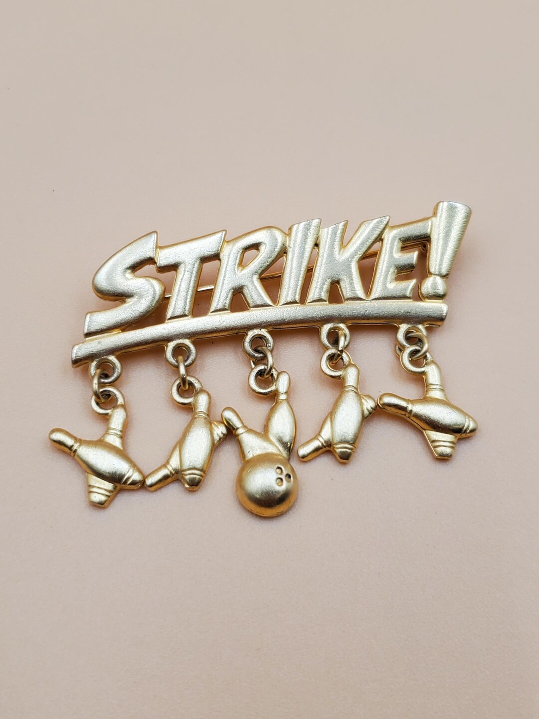 Vintage JJ Gold Tone STRIKE Bowling Brooch With Dangling Bowling Charms ...