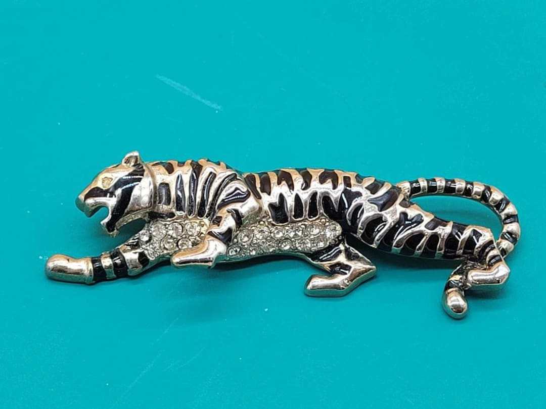 Vintage Signed CRAFT Enamel Rhinestone Tiger Brooch - Etsy