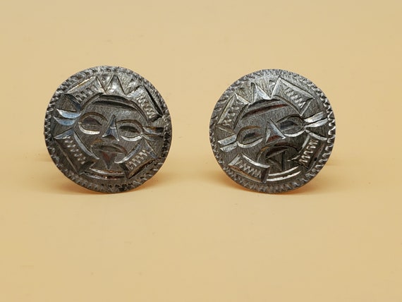 Vintage Mexico 925 etched Tribal sun face cufflinks - Gem