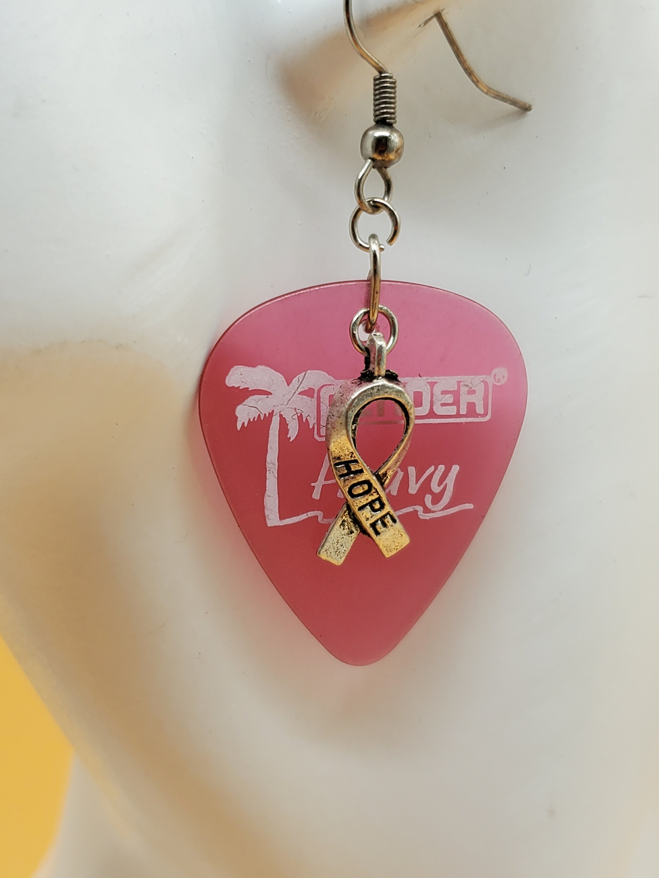 Vintage Fender Guitar Pick Ribbon Breast Cancer Awareness Earrings - Etsy