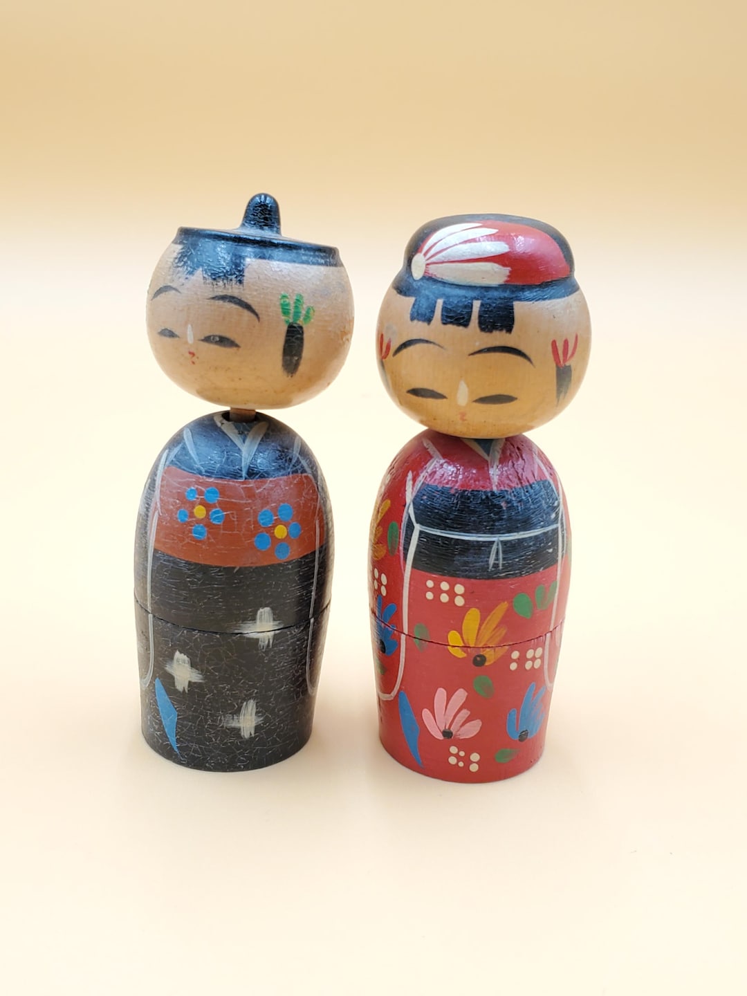 Vintage Antique Japanese Kokeshi Bobble Head Doll Set - Etsy