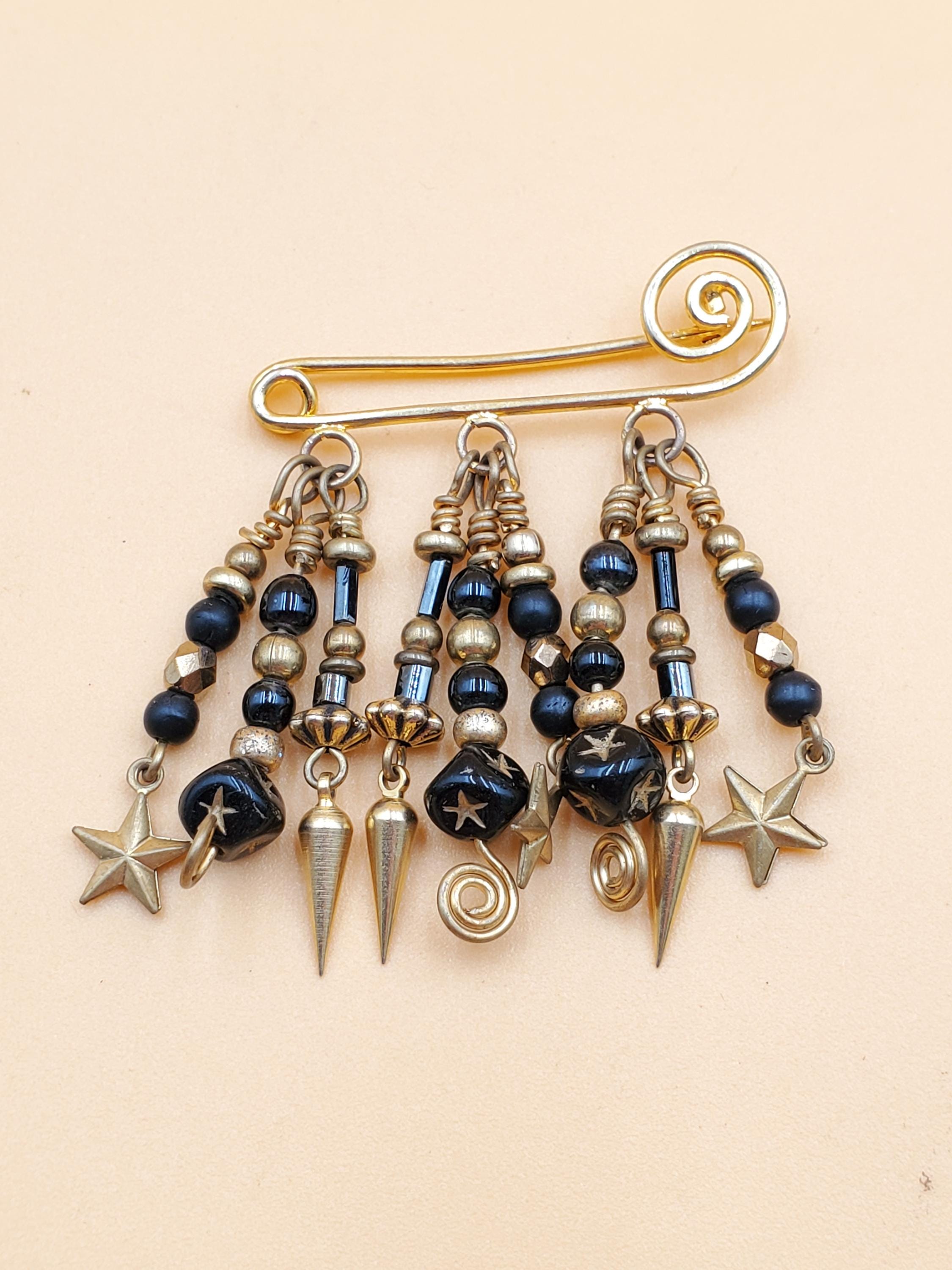 Vintage Whimsical Gold Tone Safety Pin Style Brooch With Dangling ...