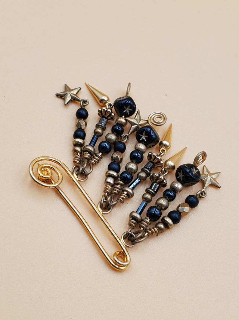 Vintage Whimsical Gold Tone Safety Pin Style Brooch With Dangling ...