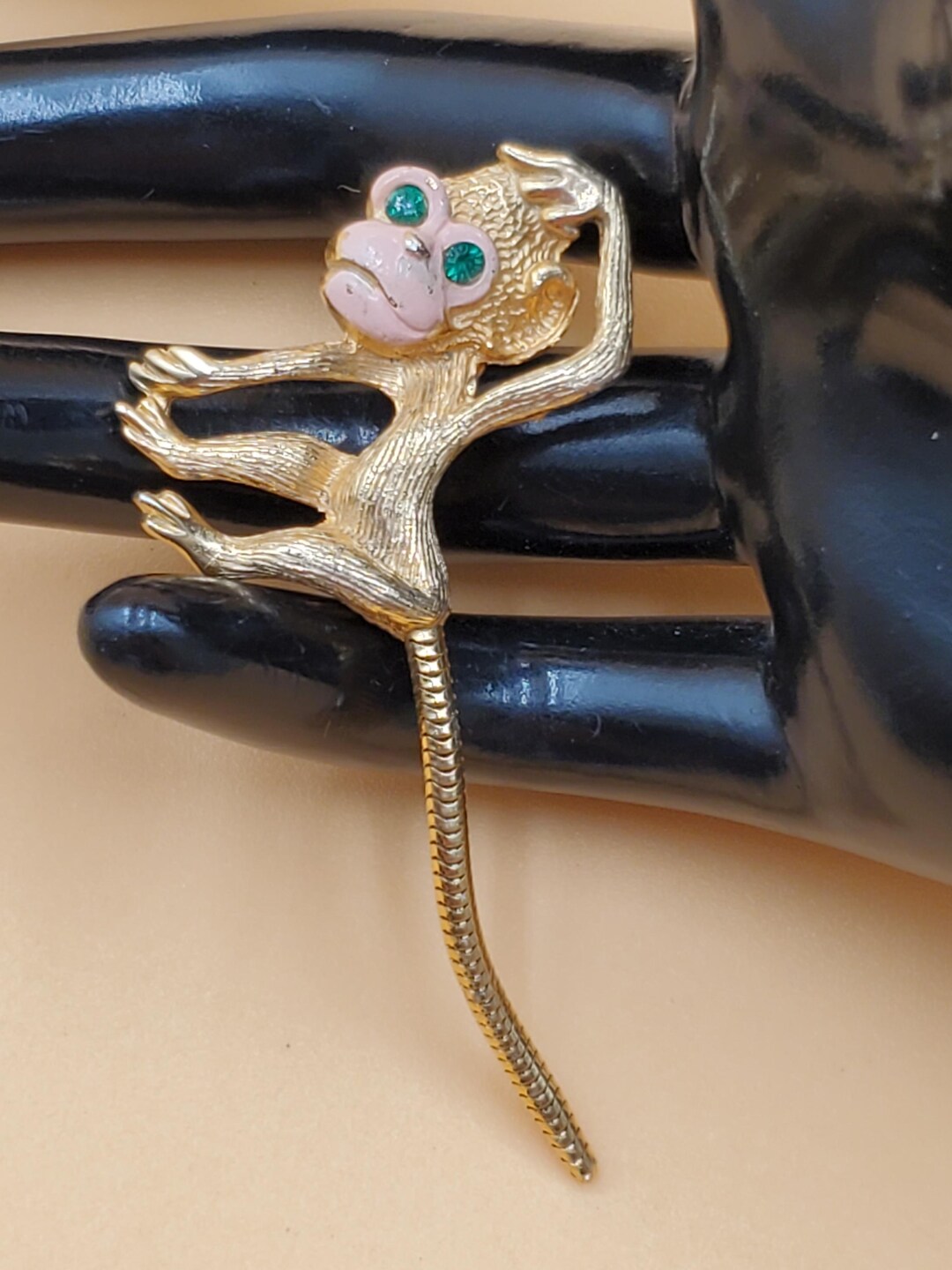 Vintage Gold Tone Enamel Rhinestone Face Monkey Brooxh With Chain Tail ...
