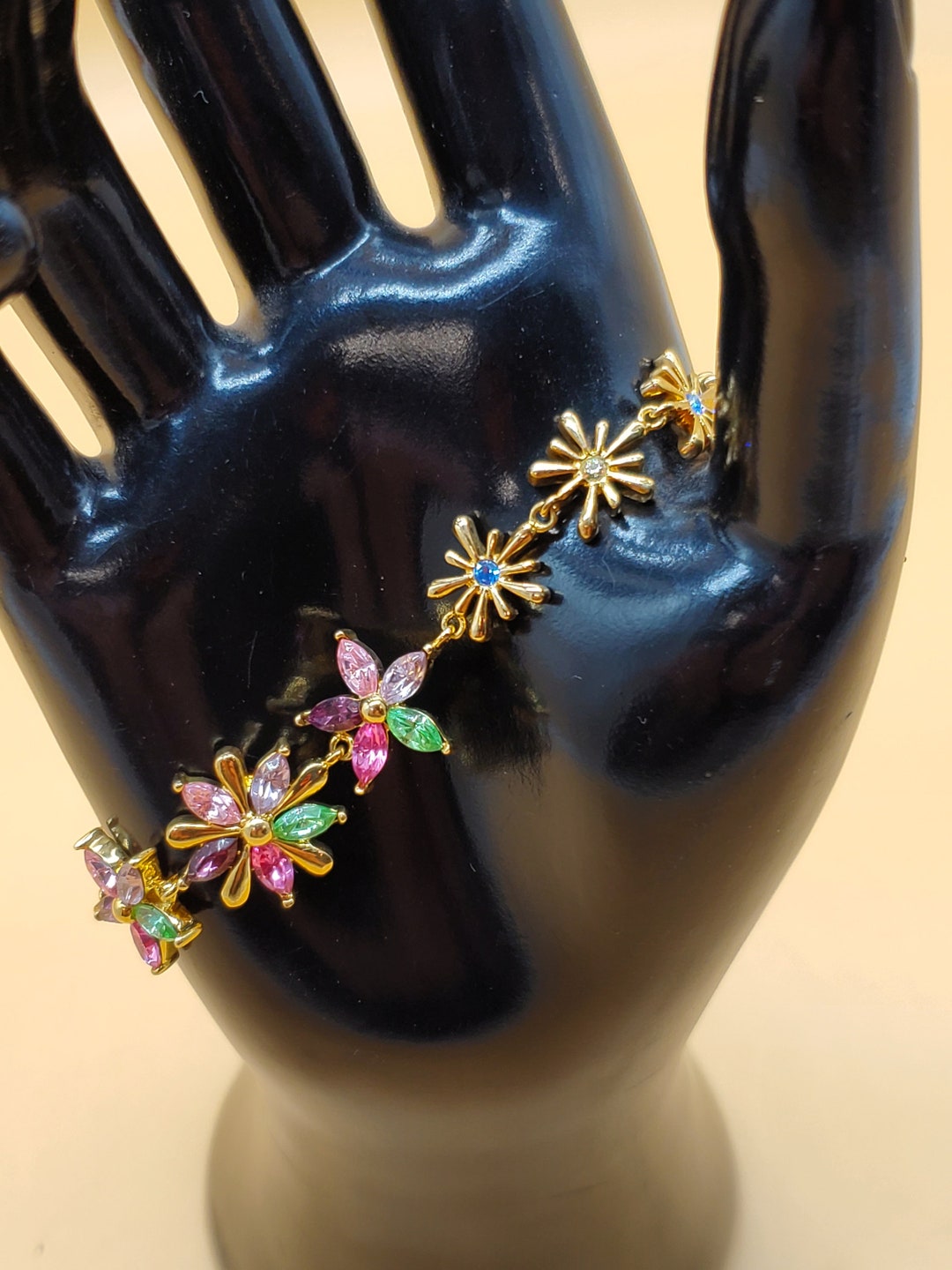 Vintage Stamped SETA Gold Plated Pastel Crystal Rhinestone Flower Link ...
