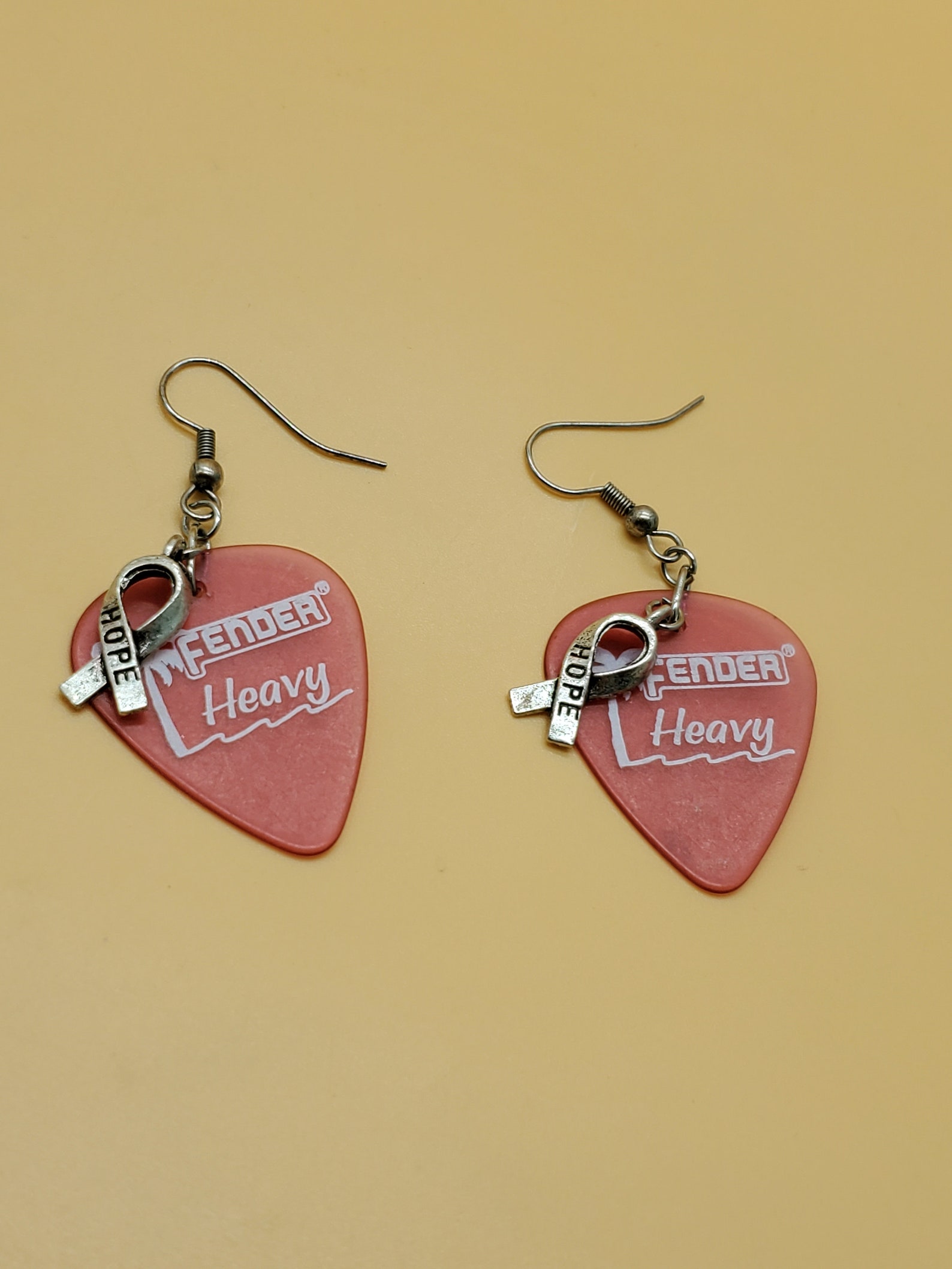 Vintage Fender Guitar Pick Ribbon Breast Cancer Awareness Earrings - Etsy