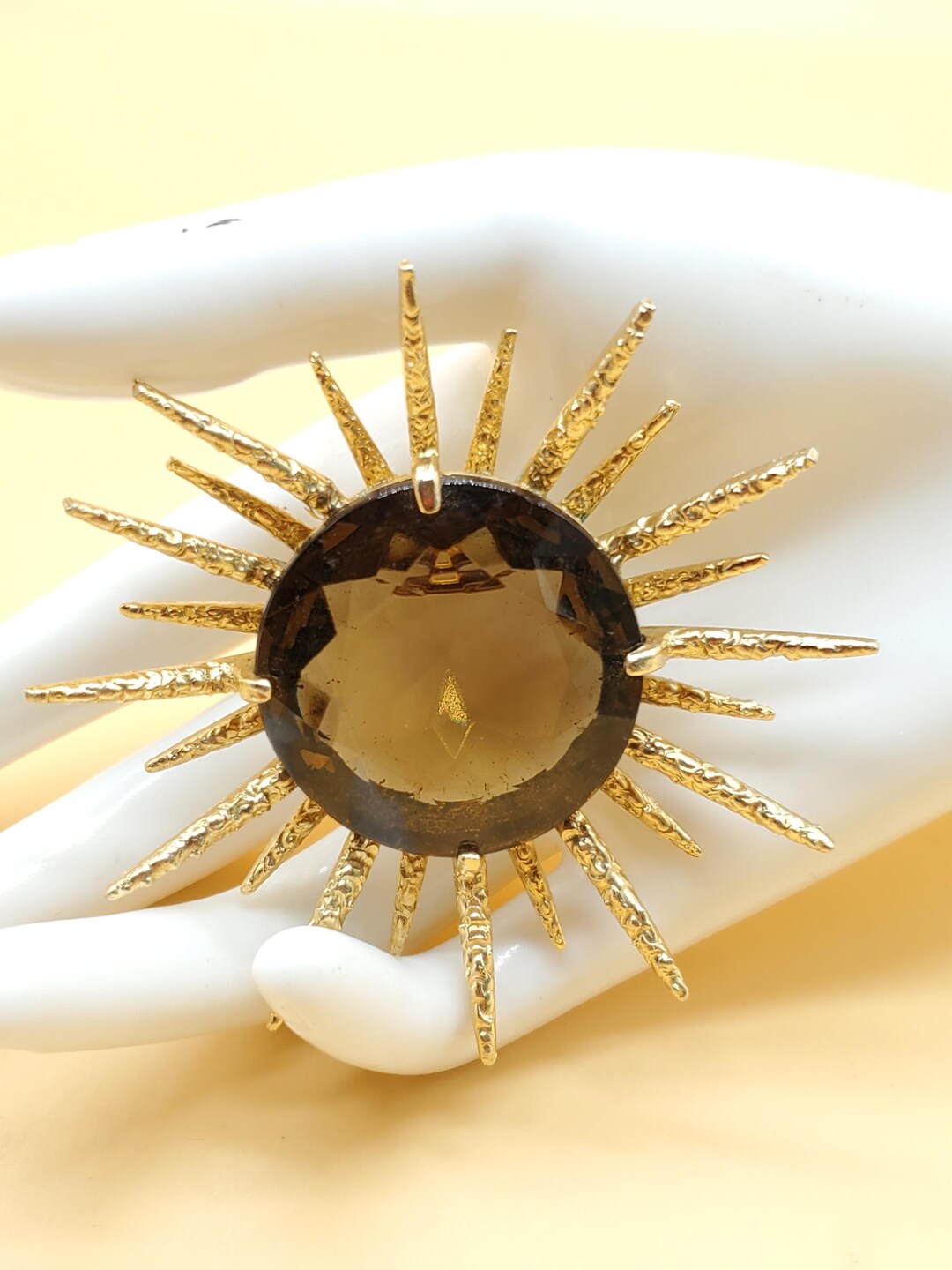 Vintage Capri XL Gold Tone Faceted Brown Glass Center Stone Sunburst Brooch Pendant - Etsy