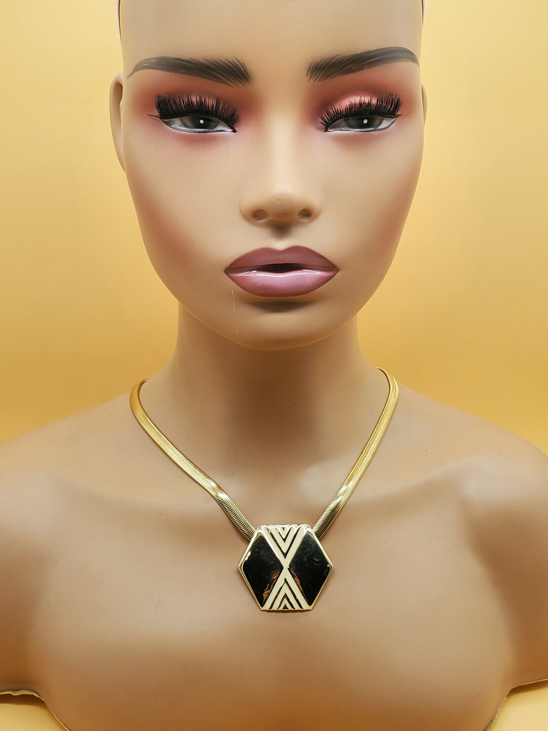 Vintage Napier Gold Tone Flat Snake Chain Necklace With Cream Enamel ...