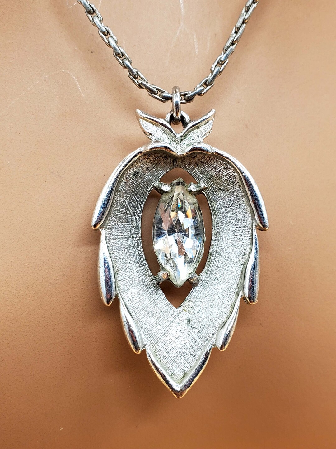 Vintage Sarah Coventry Silver Tone Leaf Pendant With Large Clear ...