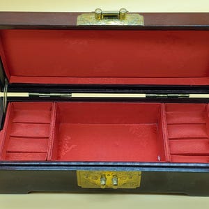 Vintage Asian Style Wooden Jewelry Box With Carved Top Symbol and Brass ...