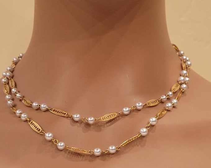 Vintage Trifari TM Faux Pearl Gold Tone Filigree Link Double Strand ...