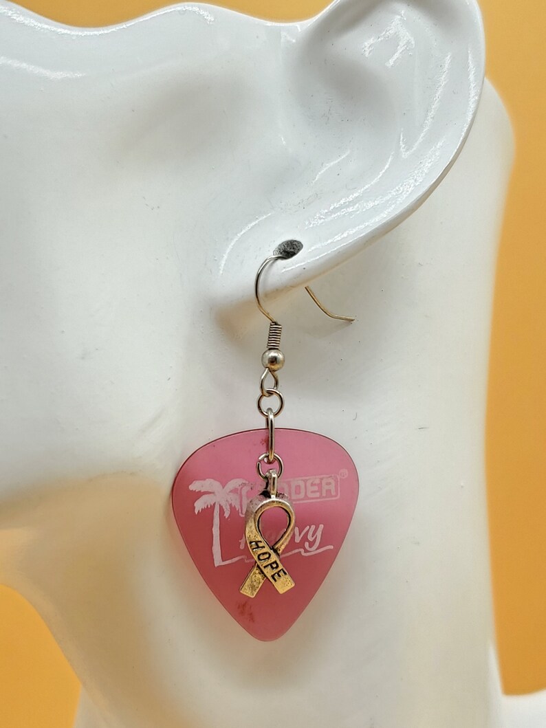 Vintage Fender Guitar Pick Ribbon Breast Cancer Awareness Earrings - Etsy