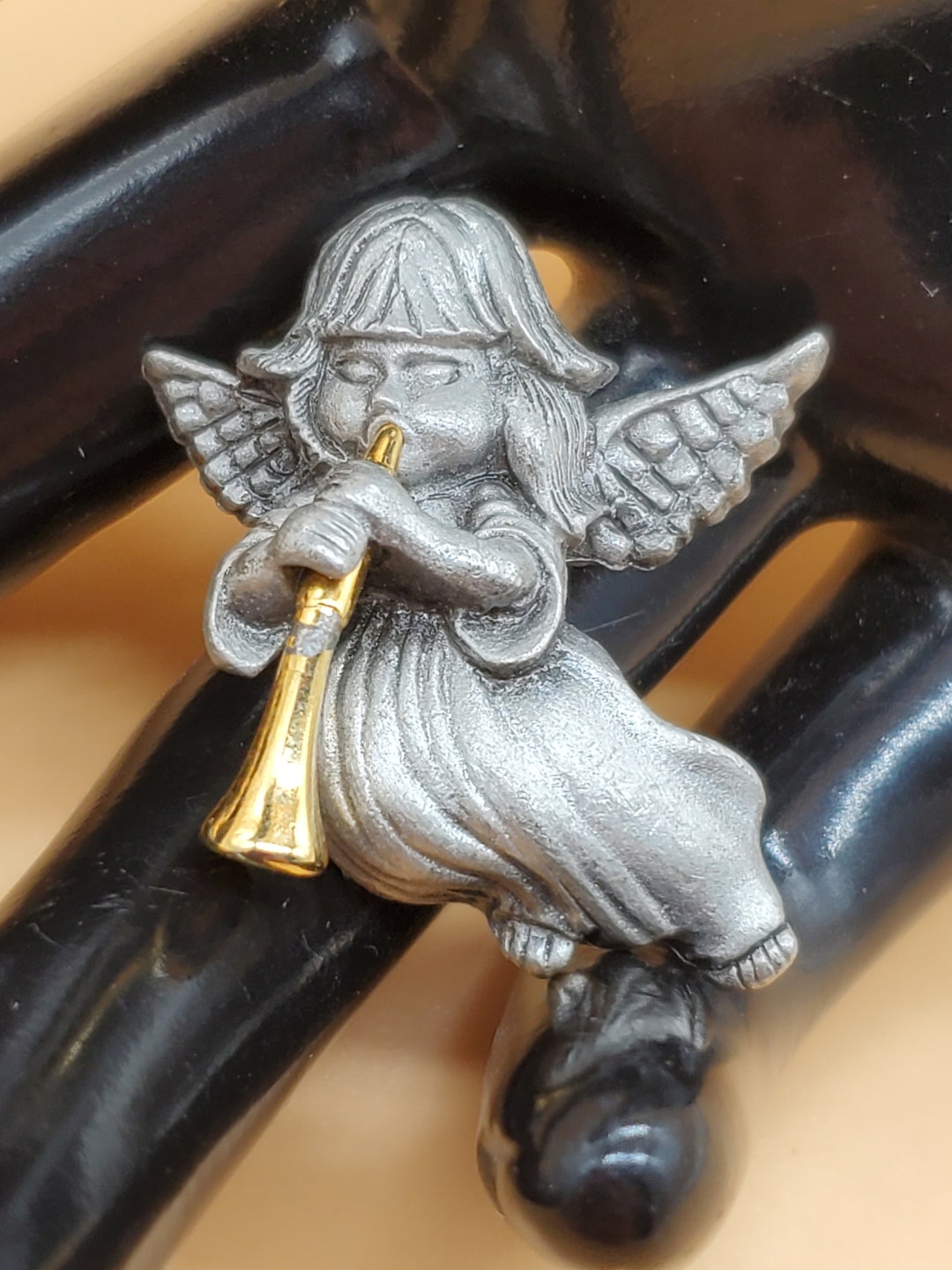 Vintage Daria Pewter Angel With Horn Pin - Etsy