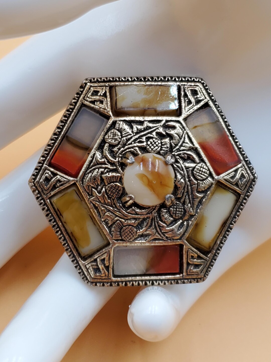 Vintage Miracle Celtic Agate Hexagon Brooch - Etsy