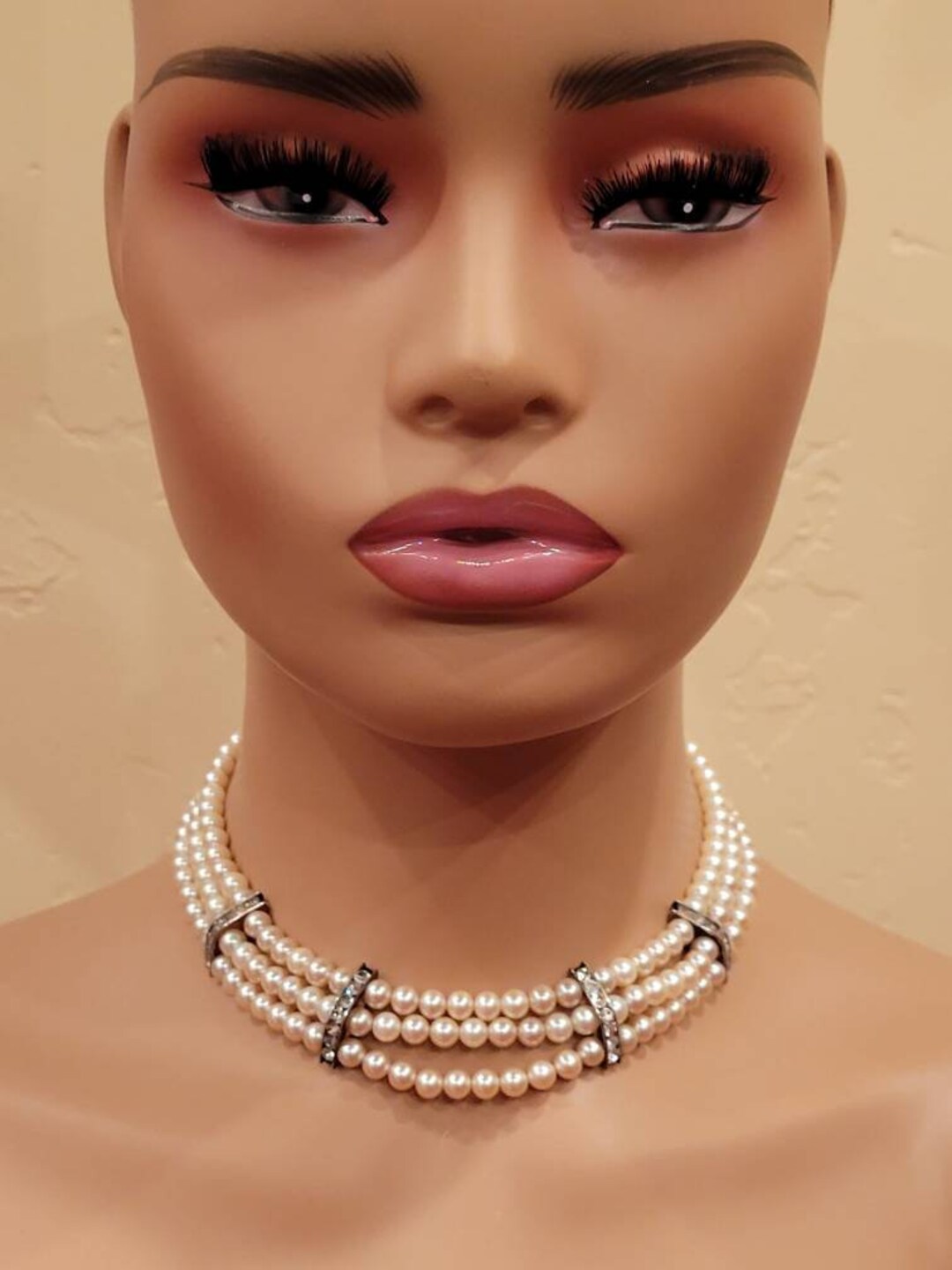 Vintage Triple Strand Faux Pearl Rhinestone Fancy Clap Choker Necklace ...