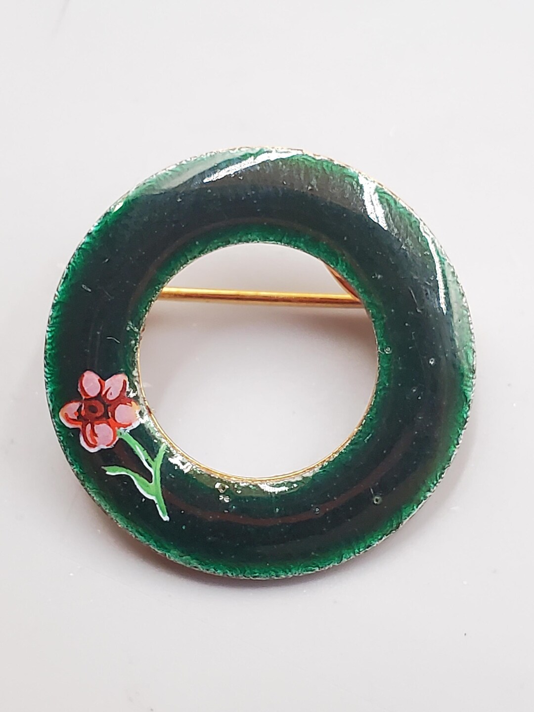 Vintage Green Enamel Circle Pin With Pink Flower - Etsy