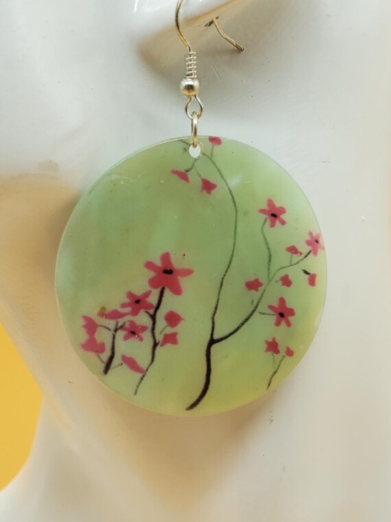 vintage painted cherry blossom tree on shell disc ear… - Gem