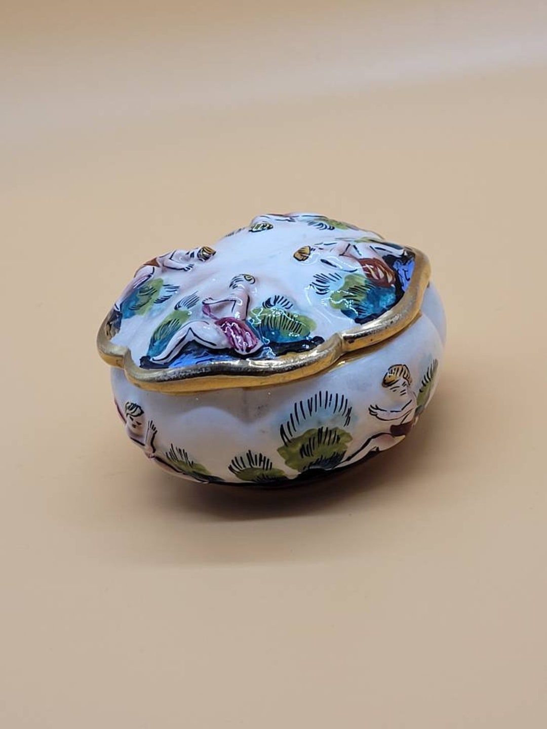 Vintage CAPODIMONTE Italy Hand Painted Porcelain Cherub Trinket Box - Etsy
