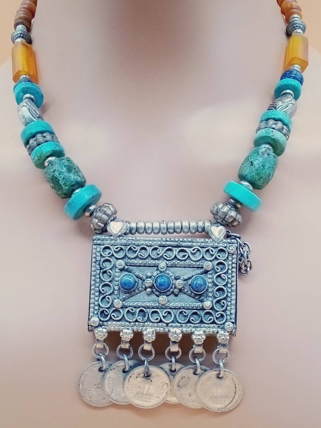 Vintage India 50's-60's Dangling Coins Beaded Necklace With Opening ...