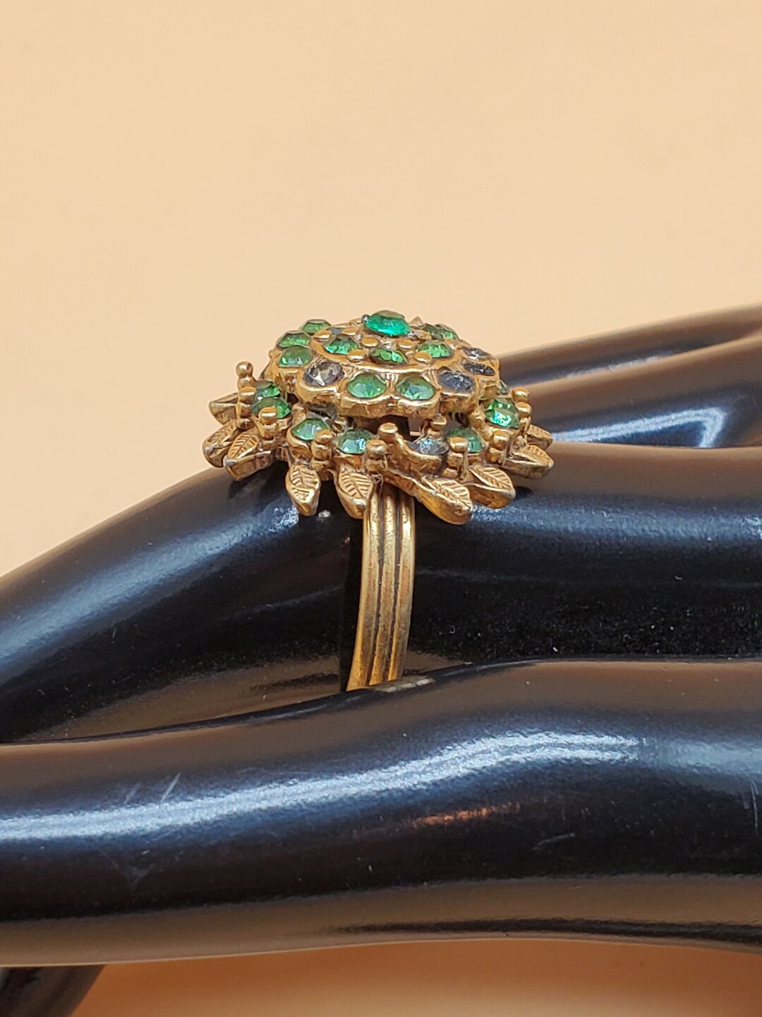 Vintage Florenza Green Rhinestone Flower Top Adjustable Ring, Missing ...