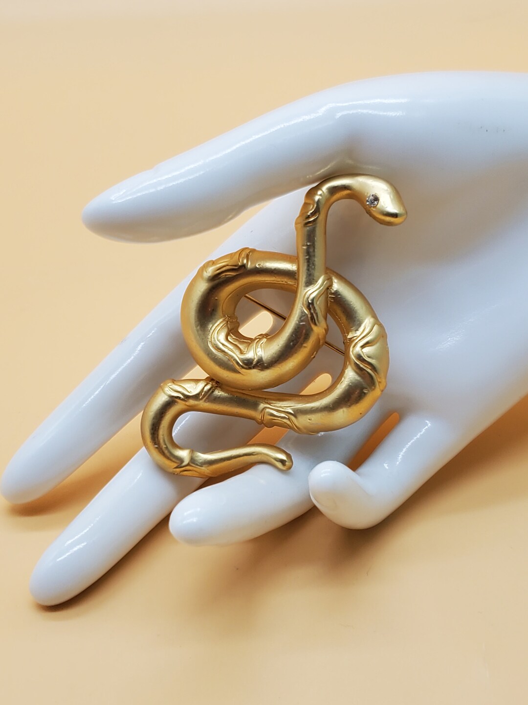 Vintage XL Matte Gold Tone Snake Brooch With Clear Rhinestone Eye - Etsy
