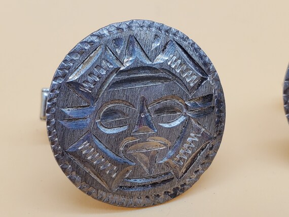 Vintage Mexico 925 etched Tribal sun face cufflinks - Gem