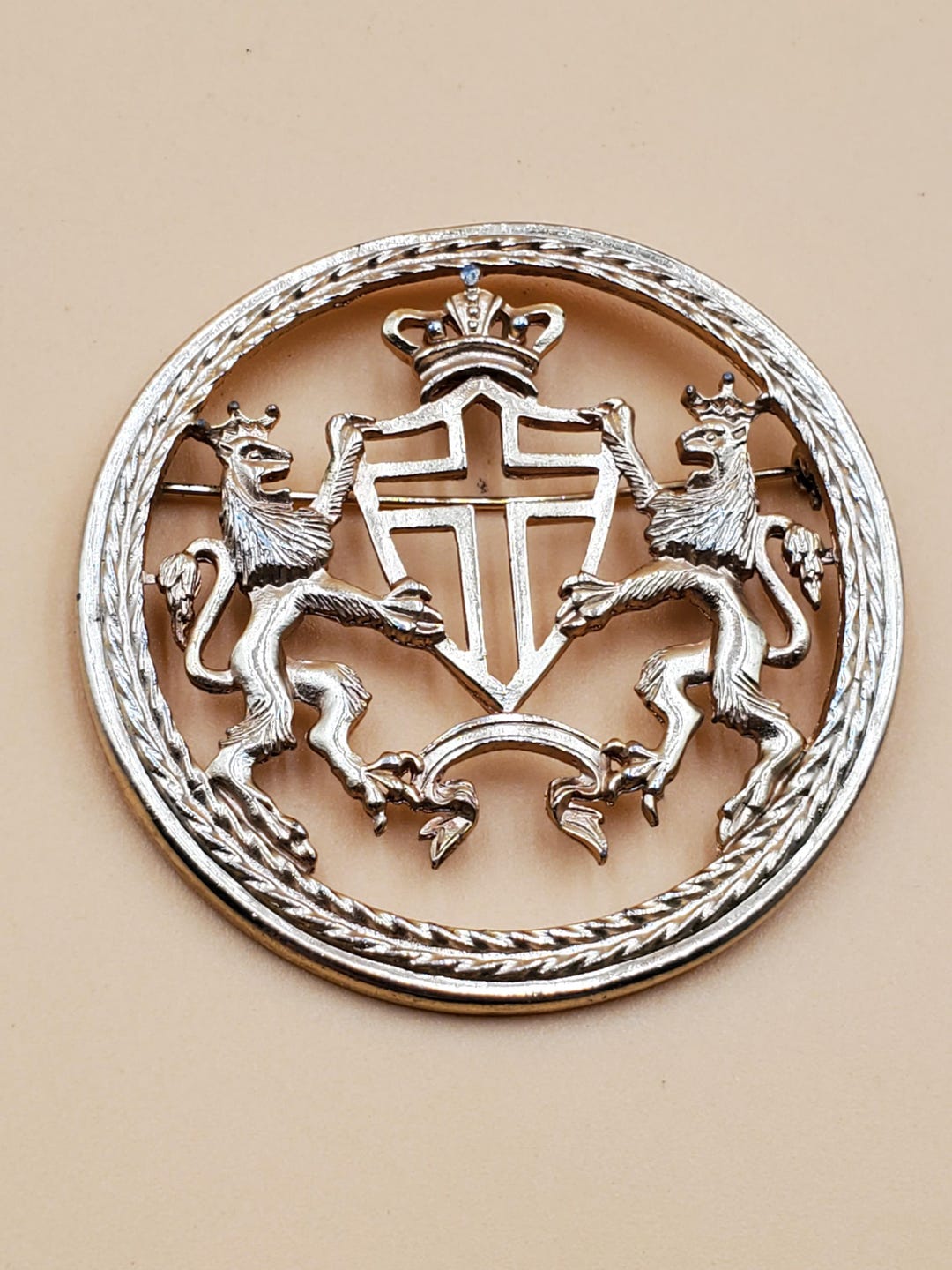 Vintage XL Double Lion Crest Shield Brooch - Etsy