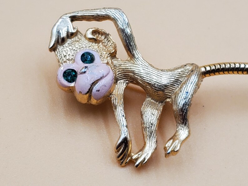 Vintage Gold Tone Enamel Rhinestone Face Monkey Brooxh With Chain Tail ...