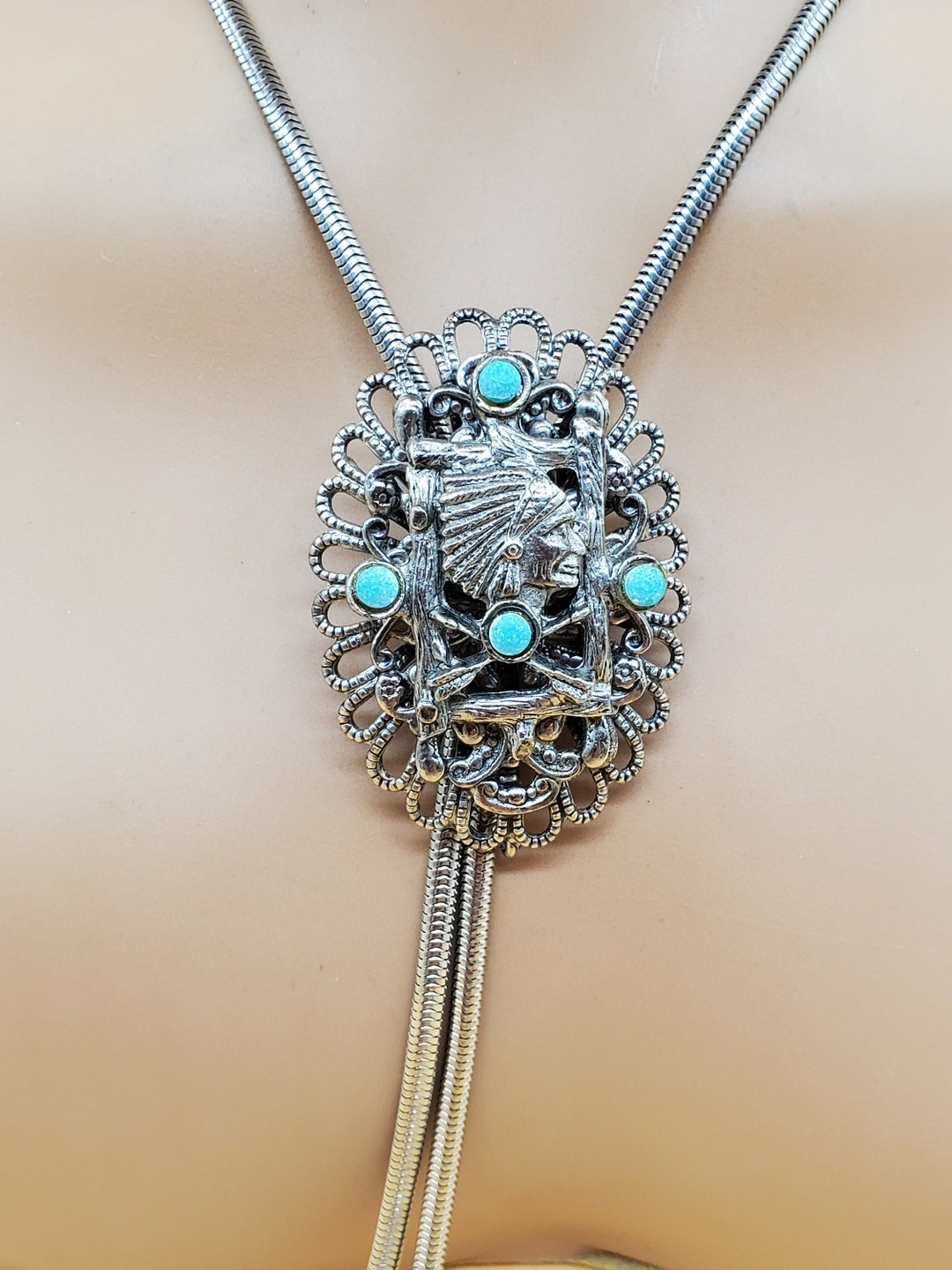 Vintage St. Labret Native American Pewter Tone Style Slide Chain ...