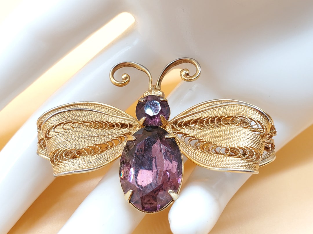 Vintage Napier Gold Tone Filigree Bee Bug Brooch With Large Purple ...