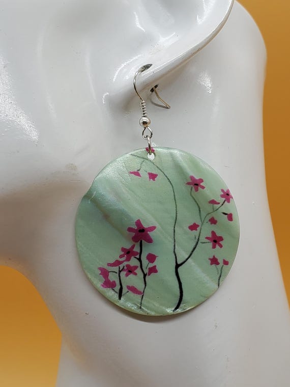 vintage painted cherry blossom tree on shell disc ear… - Gem
