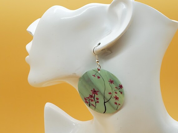 vintage painted cherry blossom tree on shell disc ear… - Gem