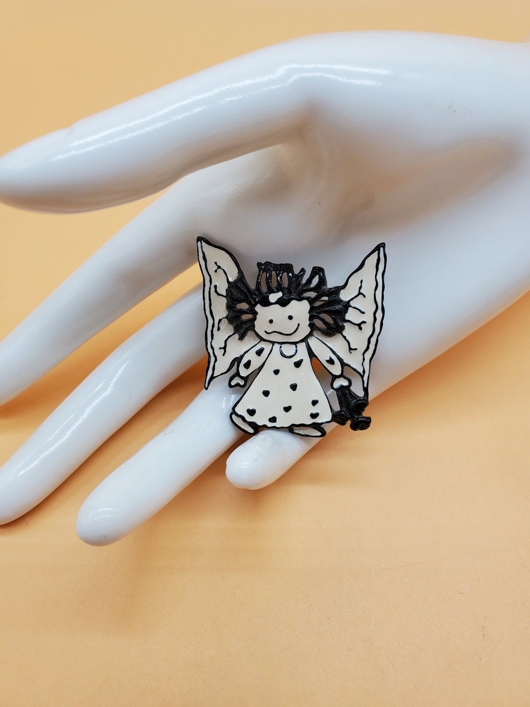 Vintage Black and White Enamel Cartoon Angel Brooch - Etsy