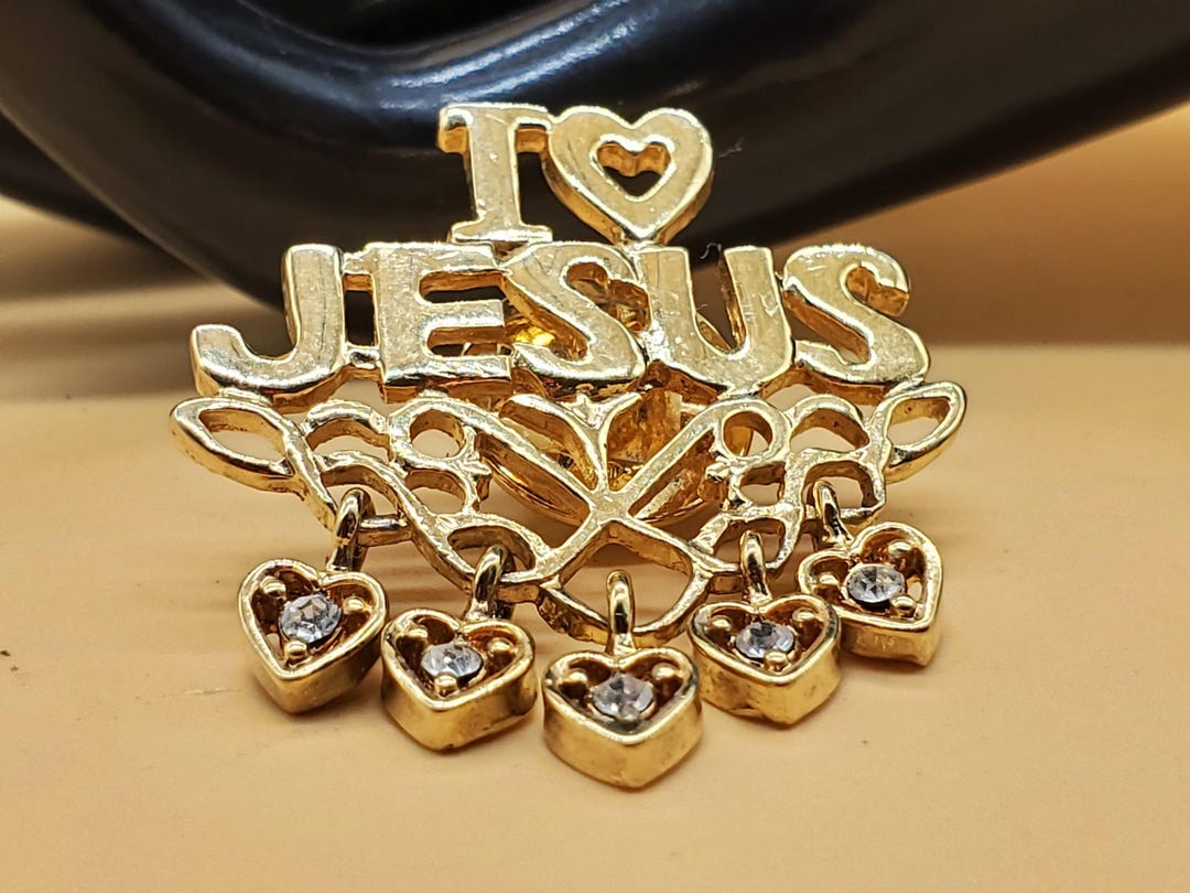 Gold Tone I Heart Jesus Pin With Dangling Heart Charms - Etsy