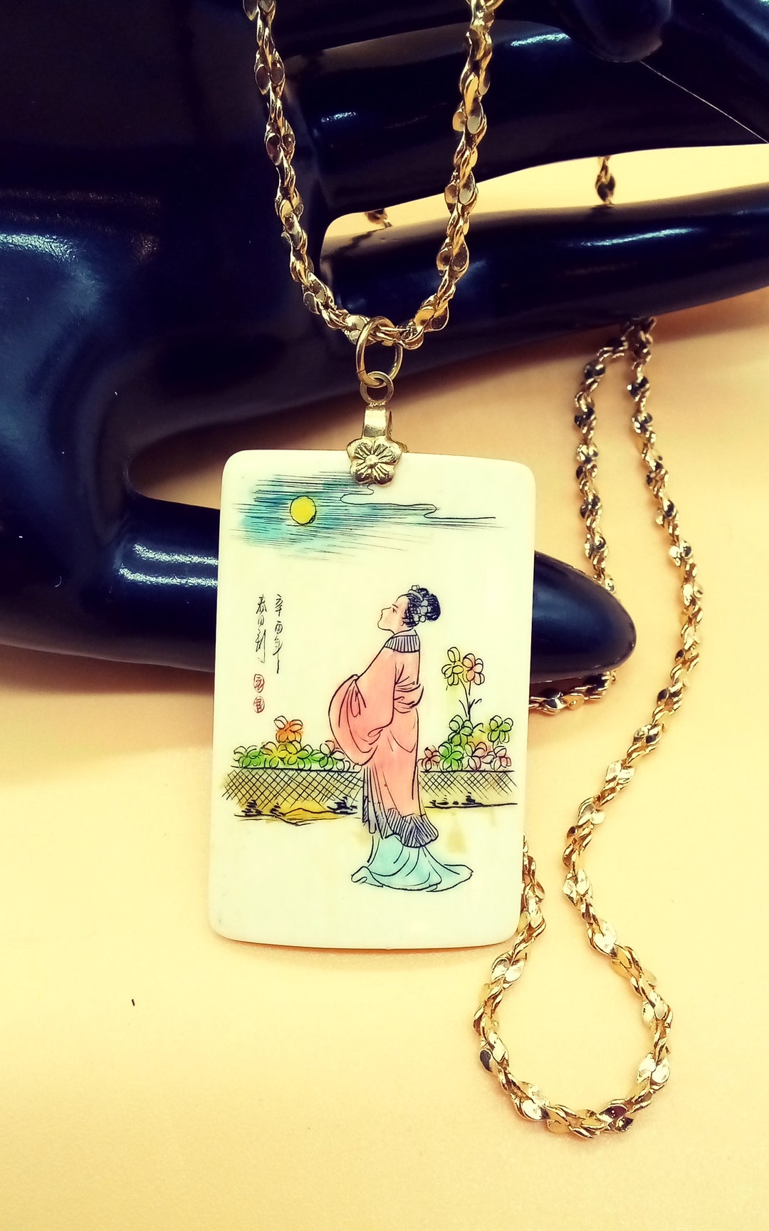 Carved Colorful Geisha Pendant Necklace - Etsy
