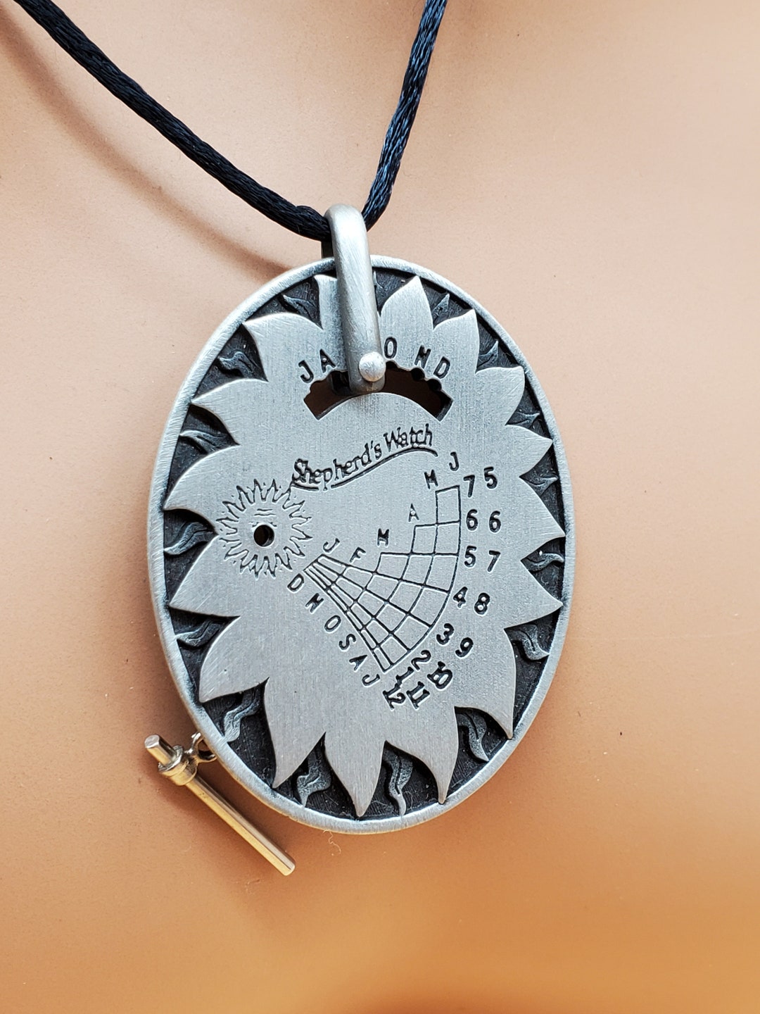Vintage Pewter Shepherds Watch Sundial Pendant on Black Rope Cord ...