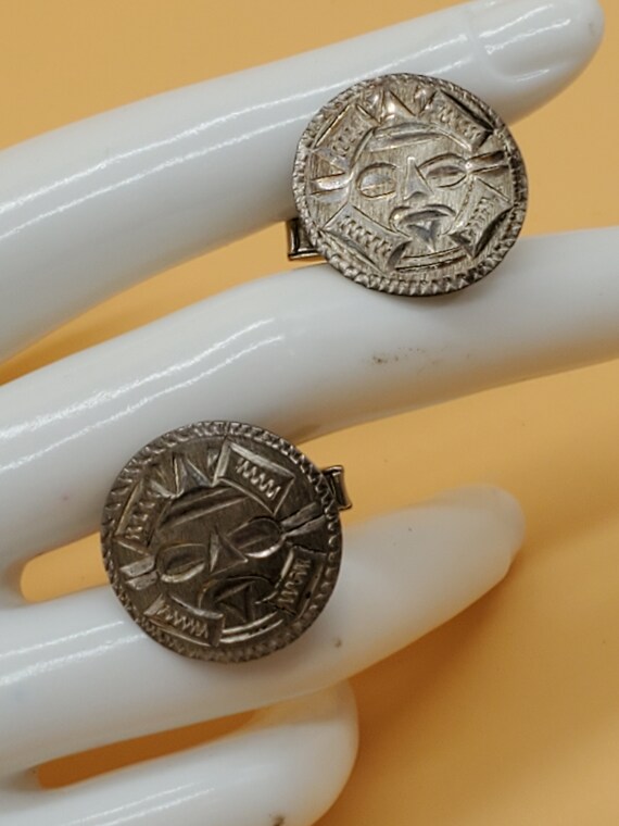 Vintage Mexico 925 etched Tribal sun face cufflinks - Gem