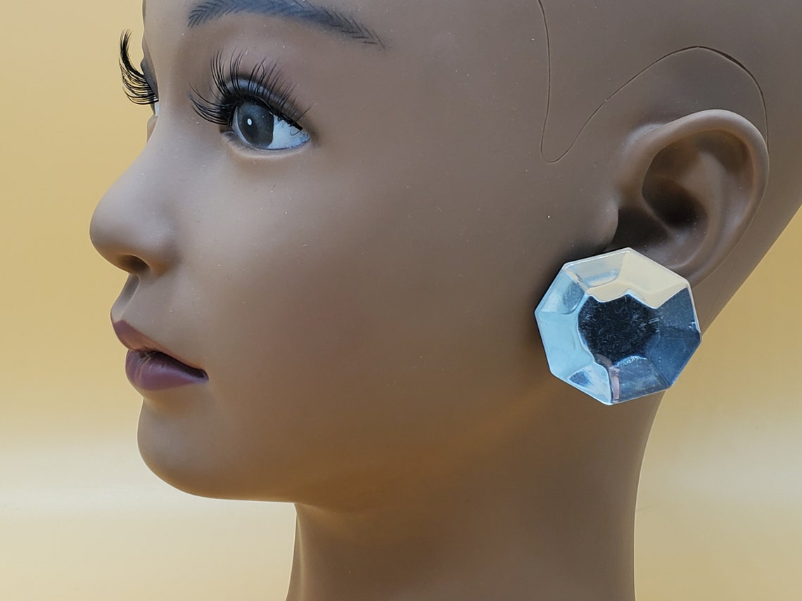 Vintage Chunky Clear Plastic Octagon Faux Rhinestone Clip on Earrings ...