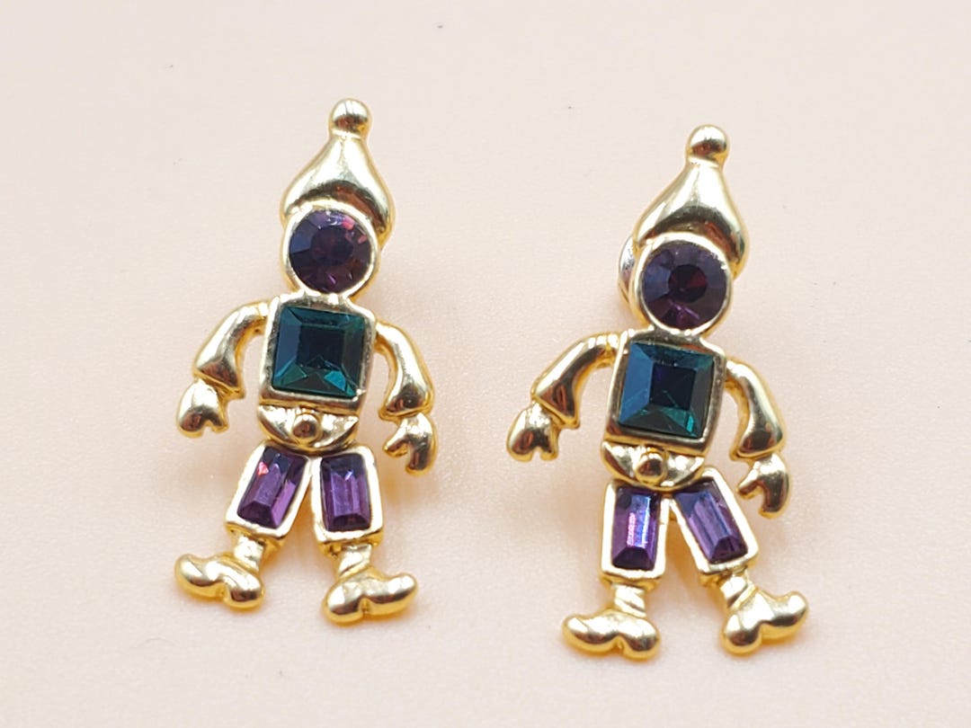 Vintage Mardi Gras Gold Tone Green and Purple Stones Articulated Jester ...