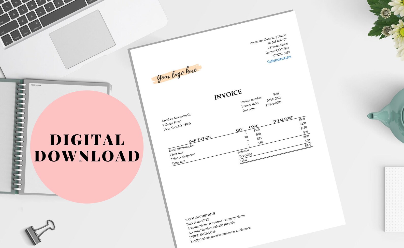 Excel Invoice Template, Editable Business Receipt, Add Your Logo (digital Download) - Etsy