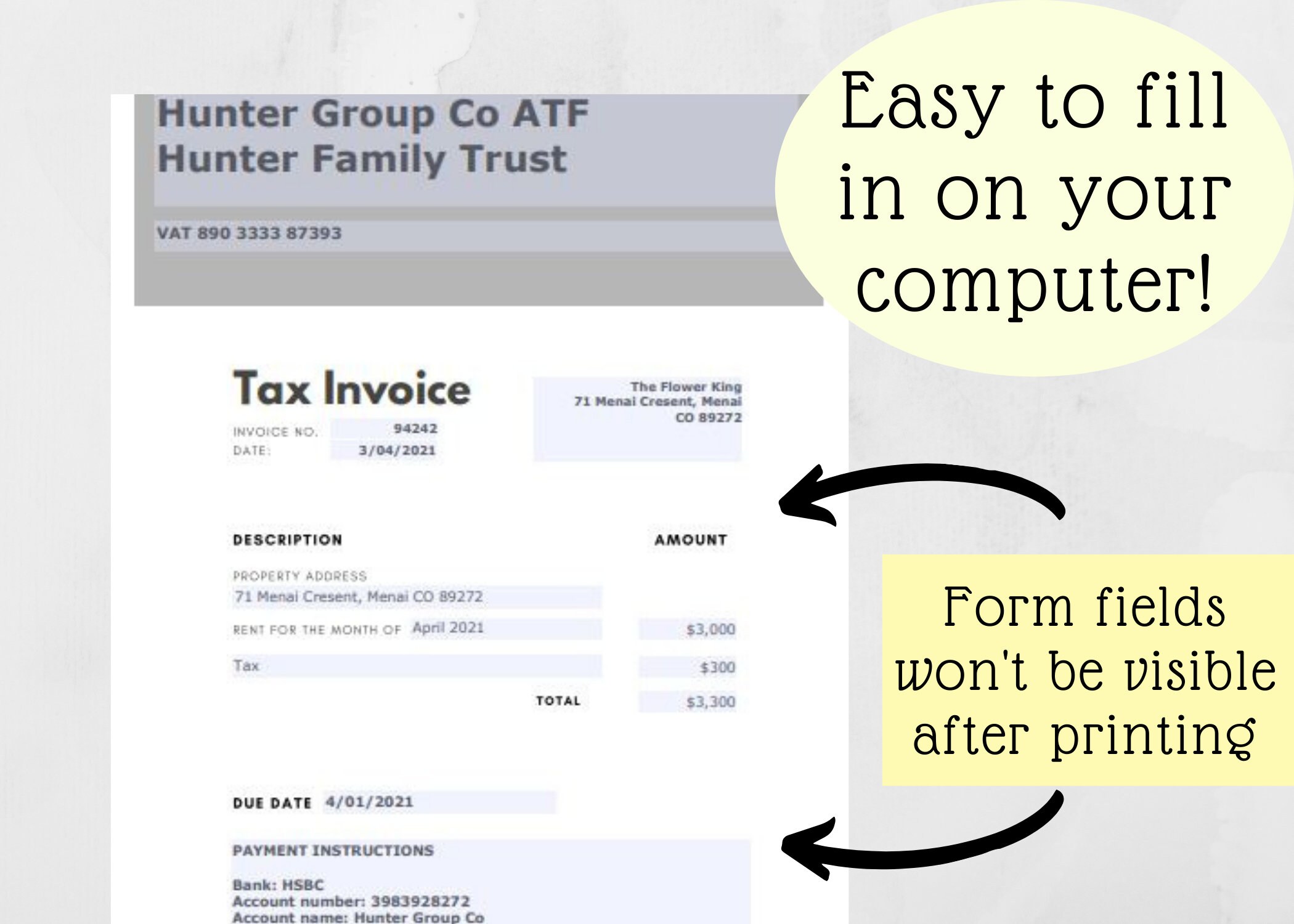 Rental Property Invoice Template, Editable PDF (digital Download) - Etsy