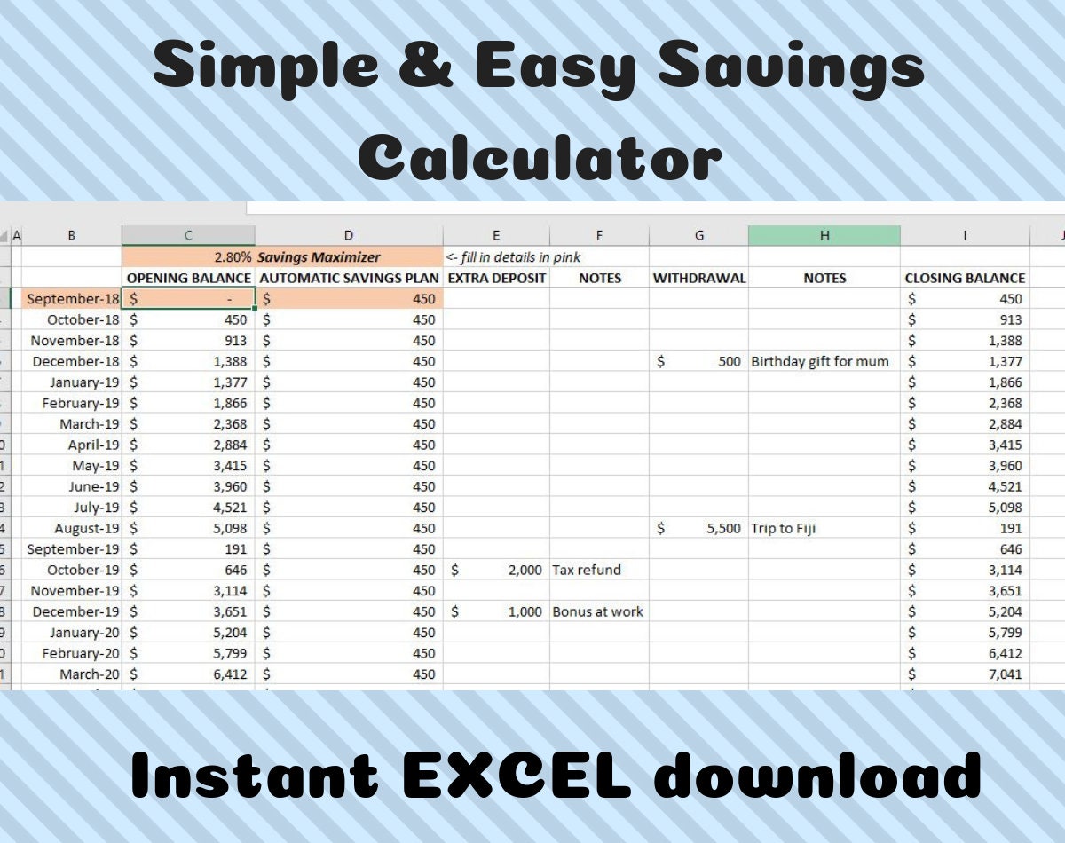 Excel Savings Calculator Excel Savings Spreadsheet Excel Etsy